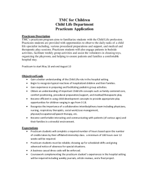 Fillable Online TMC for Children Child Life Department Practicum ...