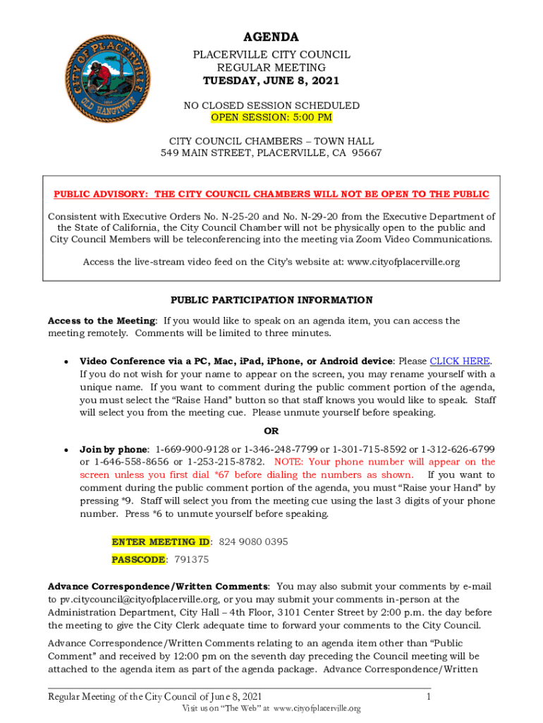 Fillable Online the State of California, the City Council Chamber will not be physically open to ...