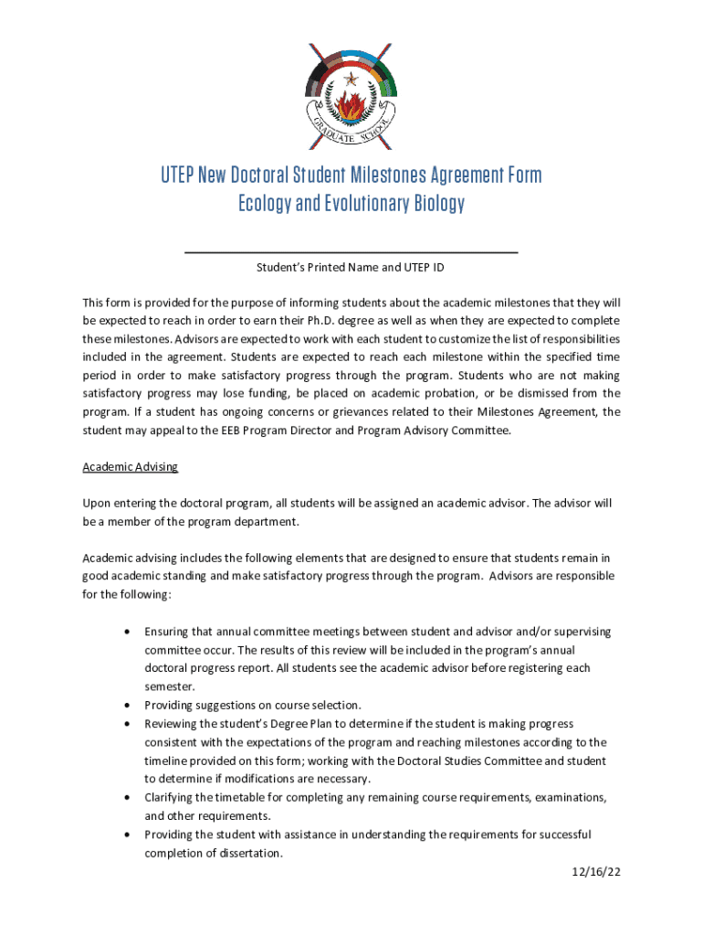 Fillable Online UTEP New Doctoral Student Milestones Agreement bFormb ... Fax Email Print ...