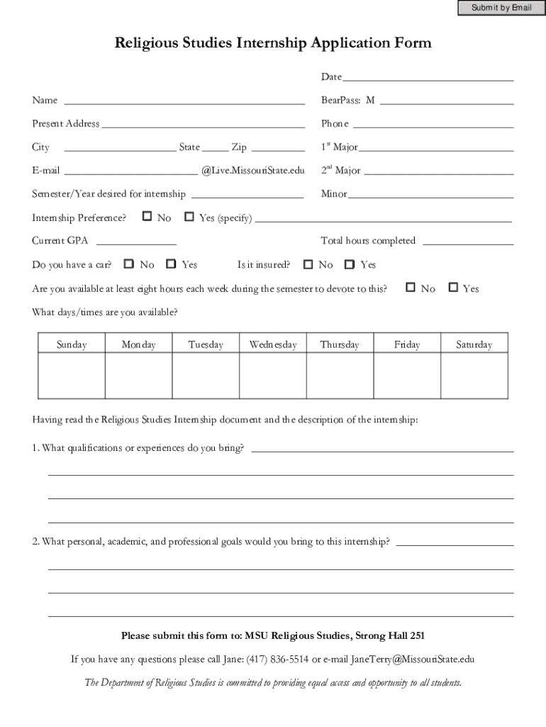 Fillable Online Religious Studies Internship Application Form Fax Email ...