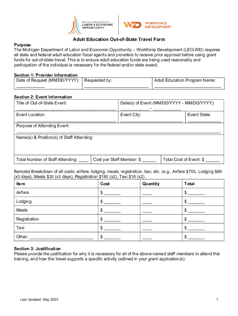 Fillable Online Adult Education Out-of-State Travel Form Fax Email ...