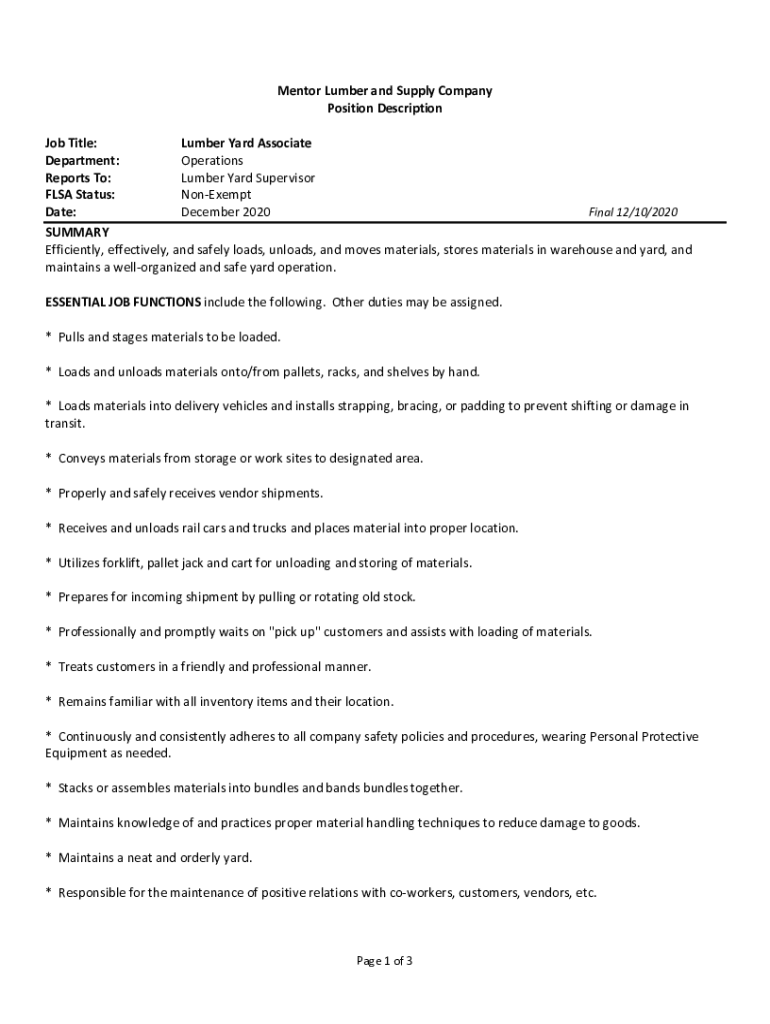 Fillable Online Lumber Yard Associate Department: Operations Reports ...