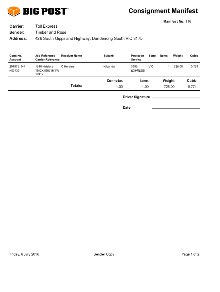 Fillable Online Consignment Manifest Fax Email Print - pdfFiller