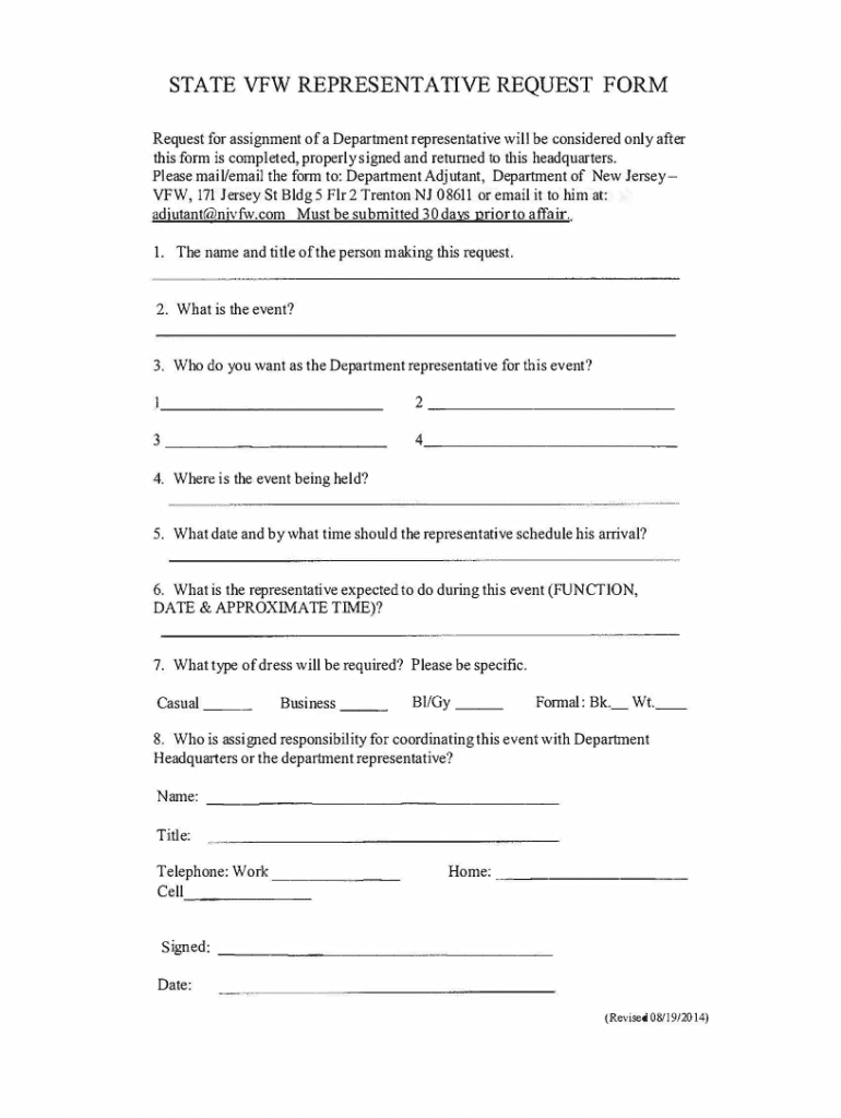 Fillable Online STATE VFW REPRESENTATIVE REQUEST FORM Fax Email Print ...