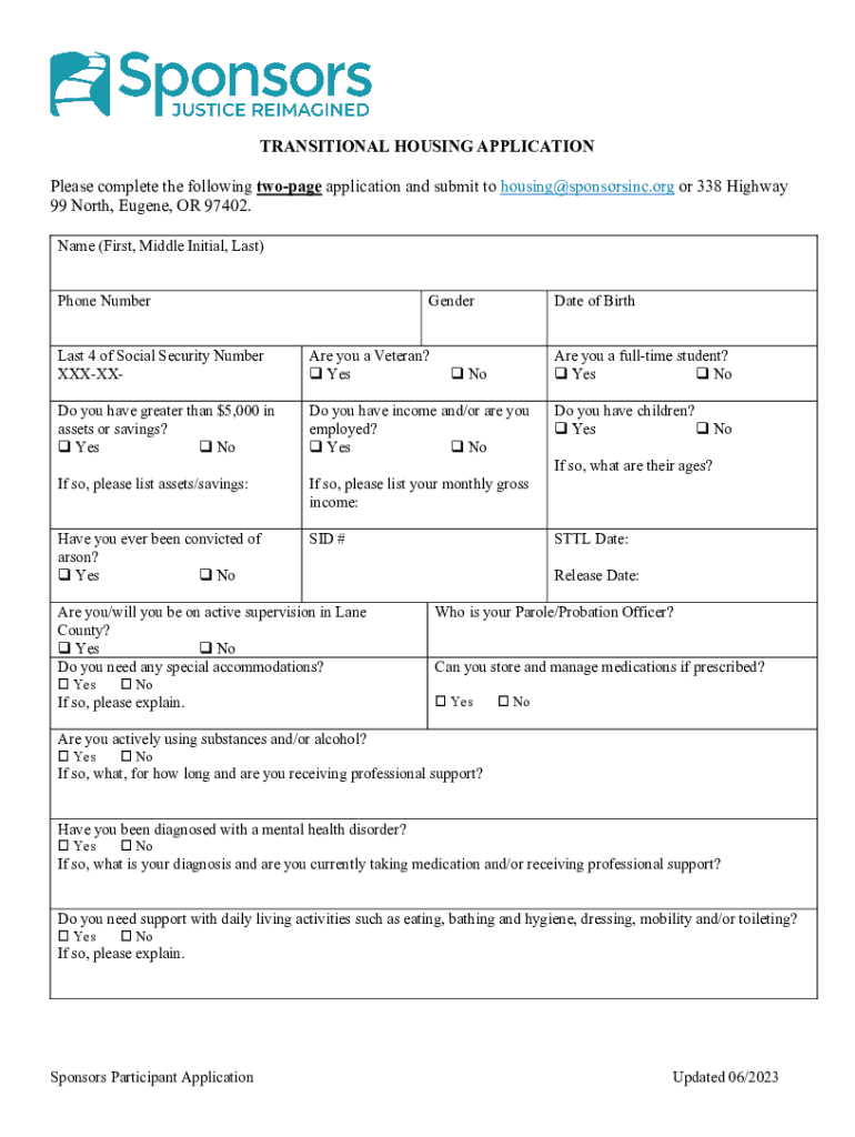 Fillable Online TRANSITIONAL HOUSING APPLICATION Please ... Fax Email ...