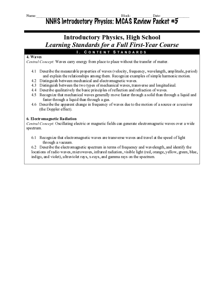 Fillable Online NNHS Introductory Physics: MCAS Review Packet #5 Fax ...