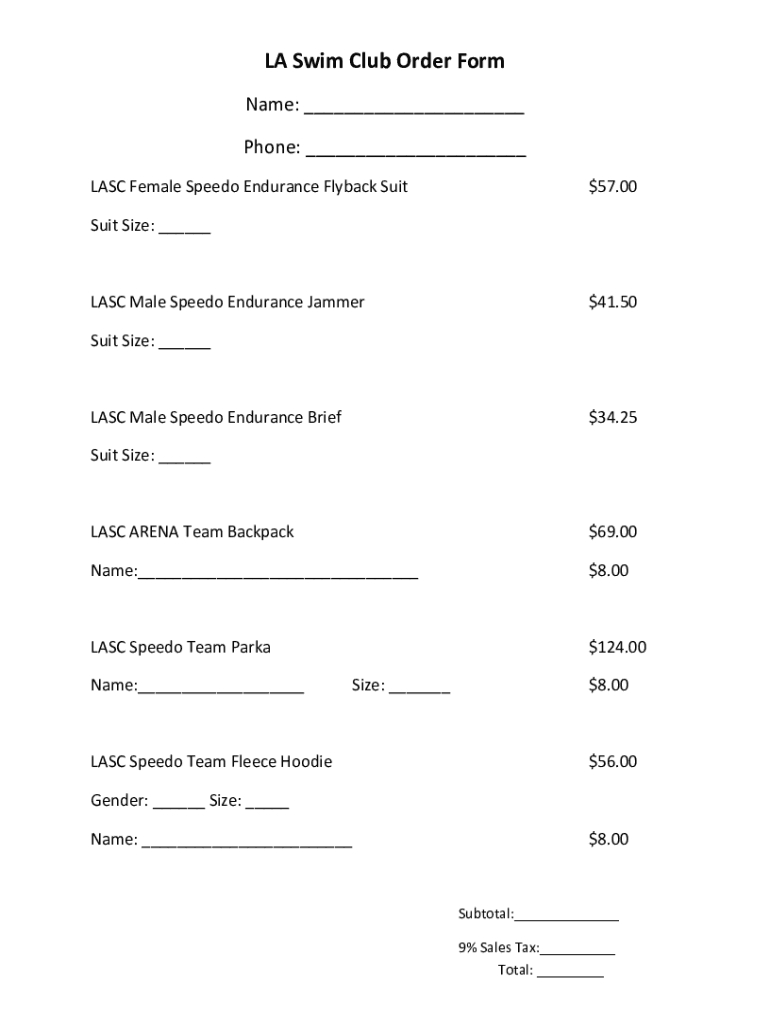Fillable Online LA Swim Club Order Form Fax Email Print - pdfFiller