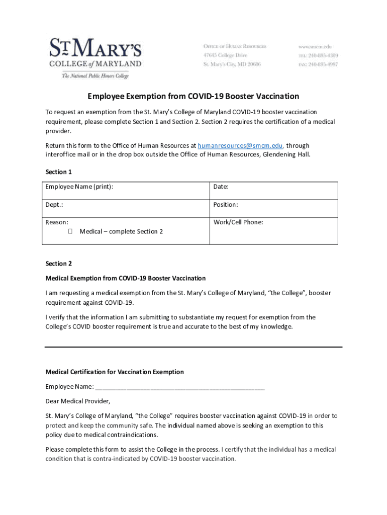Fillable Online Employee Exemption from COVID-19 Booster Vaccination ...