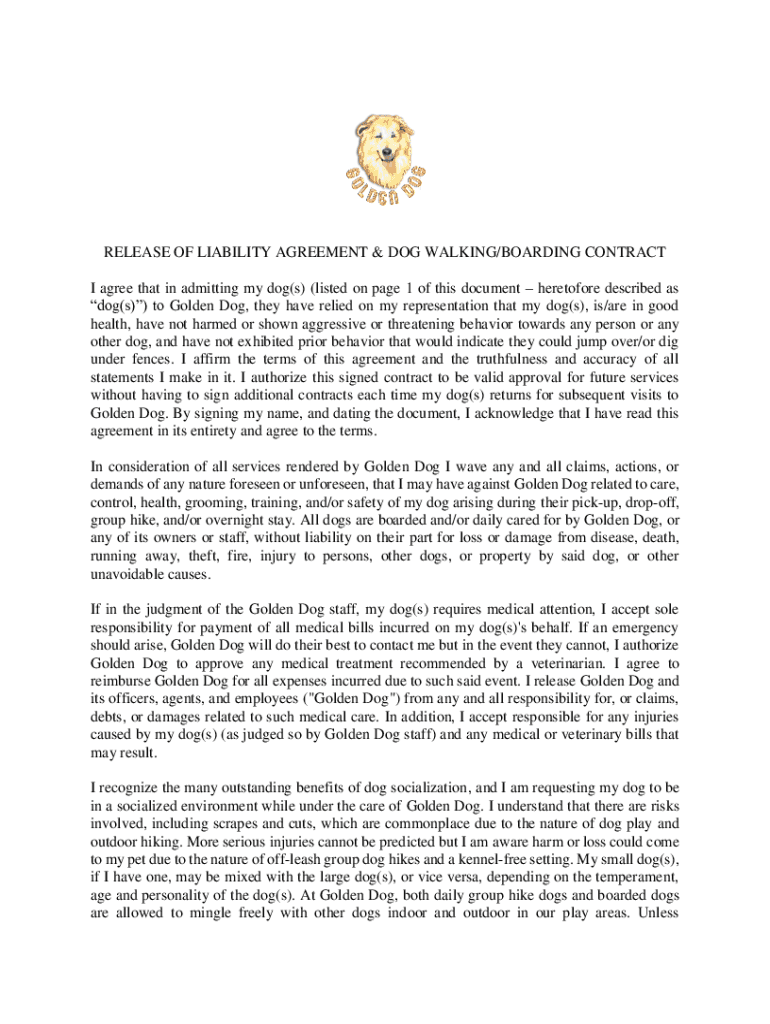 Fillable Online release of liability agreement & dog walking/boarding ...