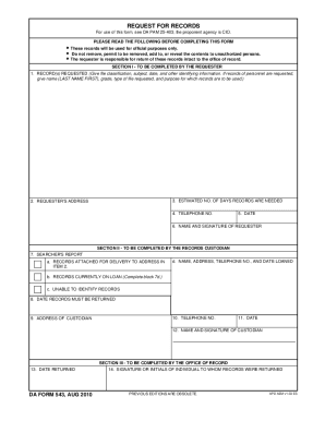 Fillable Online armypubs army REQUEST FOR RECORDS. DA FORM 543, NOV ...