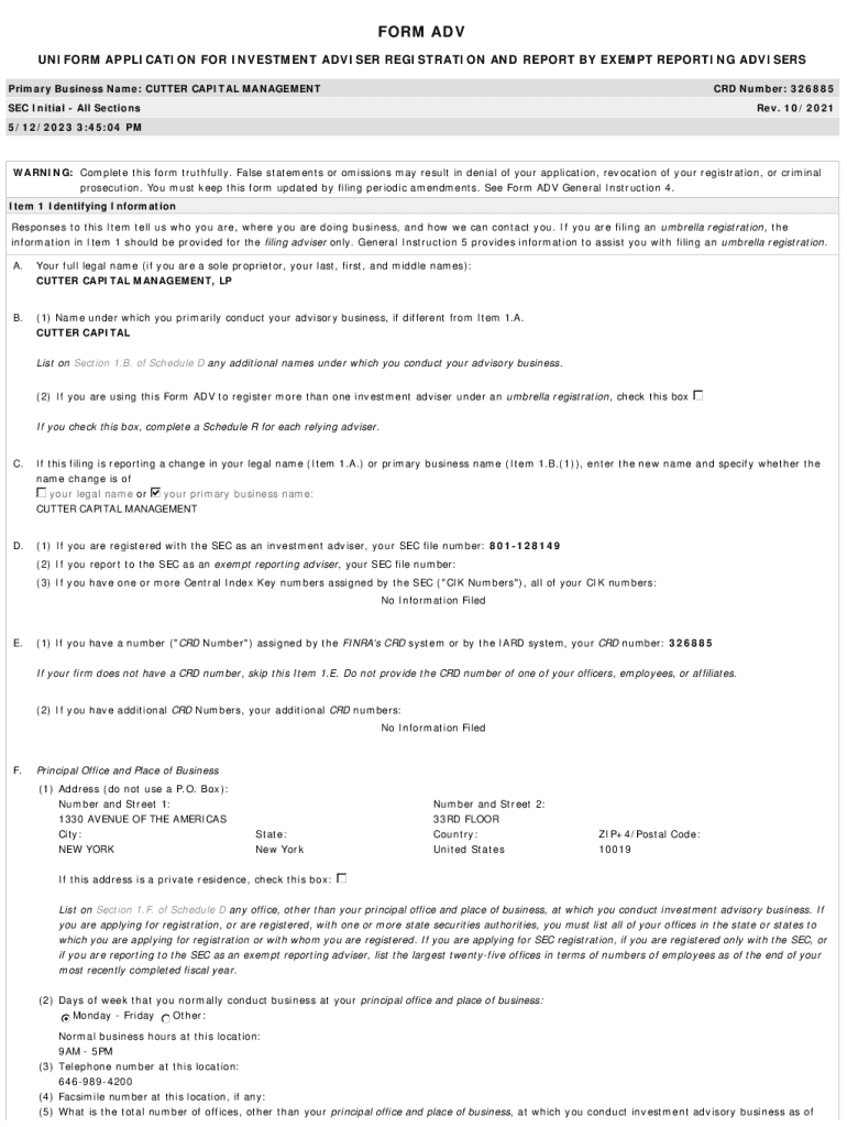 Fillable Online Primary Business Name: CUTTER CAPITAL MANAGEMENT Fax ...