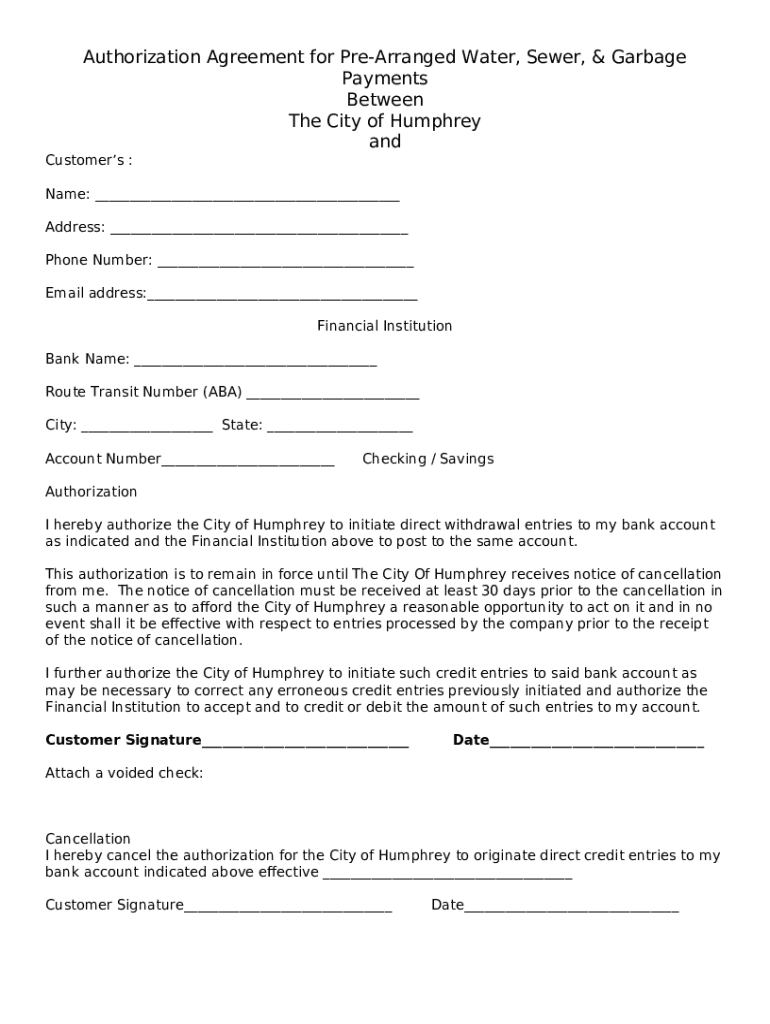 Water/Sewer Authorization Doc Template | pdfFiller