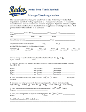 Fillable Online Rodeo Pony Youth Baseball Manager/Coach Application Fax Email Print - pdfFiller