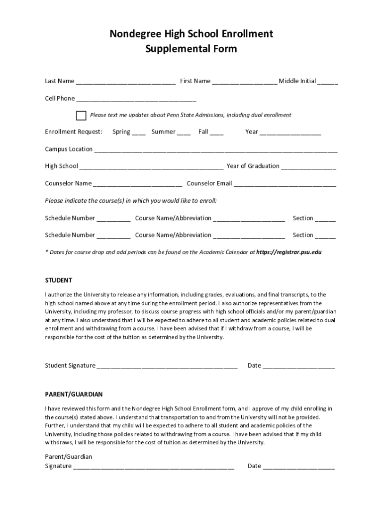 Fillable Online Nondegree High School Enrollment Supplemental Form Fax Email Print - pdfFiller