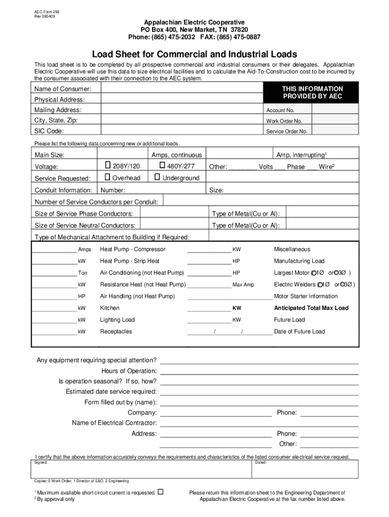Fillable Online Load Sheet For Commercial and Industrial Loads Fax Email Print - pdfFiller