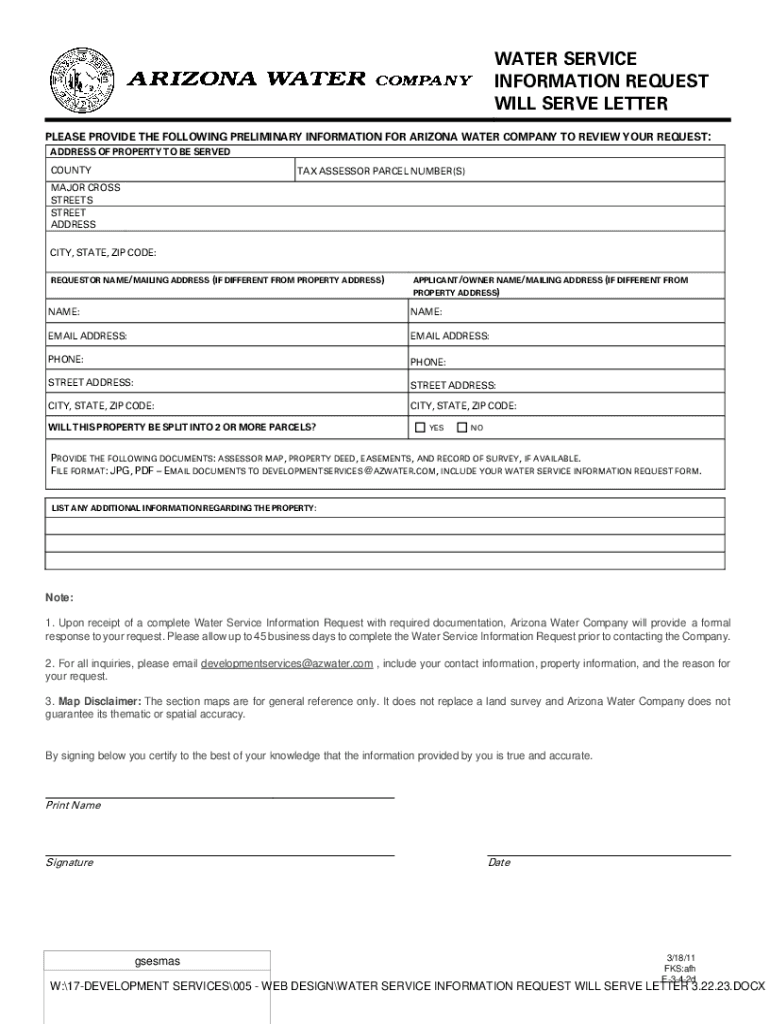 Fillable Online Water Service Information Request Will Serve Letter Fax ...