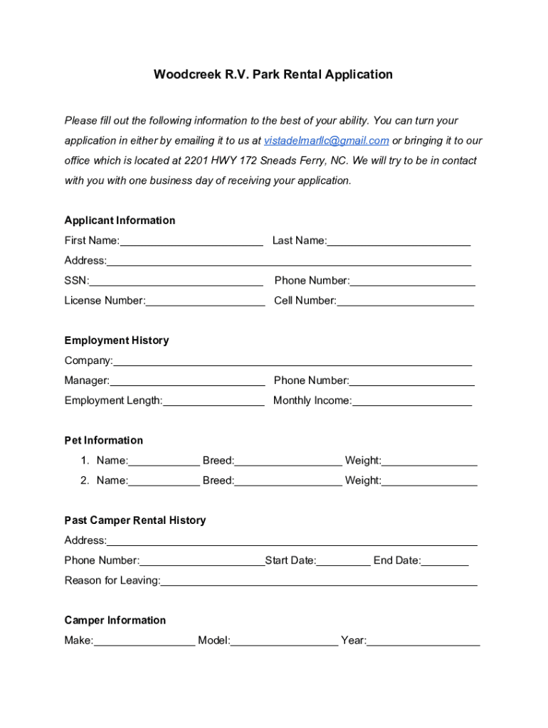 Fillable Online Woodcreek R.V. Park Rental Application Fax Email Print ...