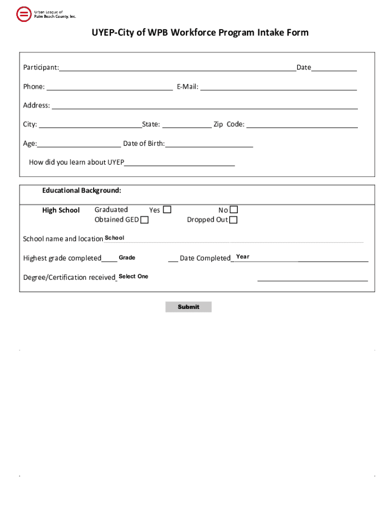 Fillable Online UYEP-City of WPB Workforce Program Intake Form Fax ...