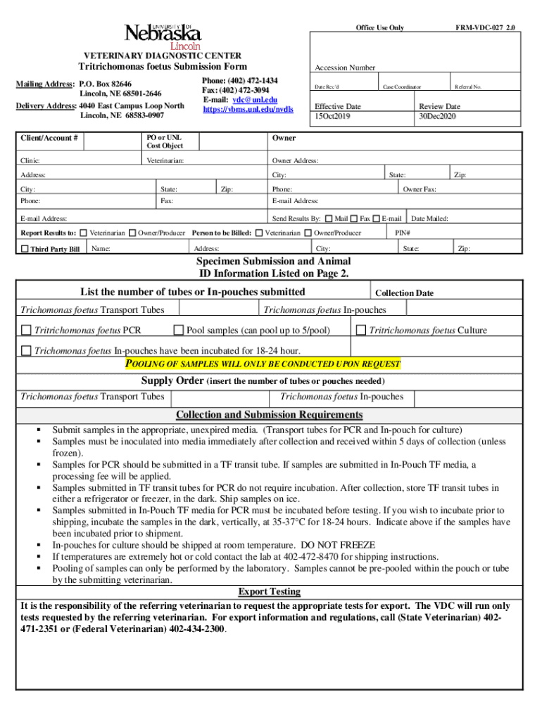 Fillable Online vbms unl Trichomonas Submission Form. Trichomonas ...