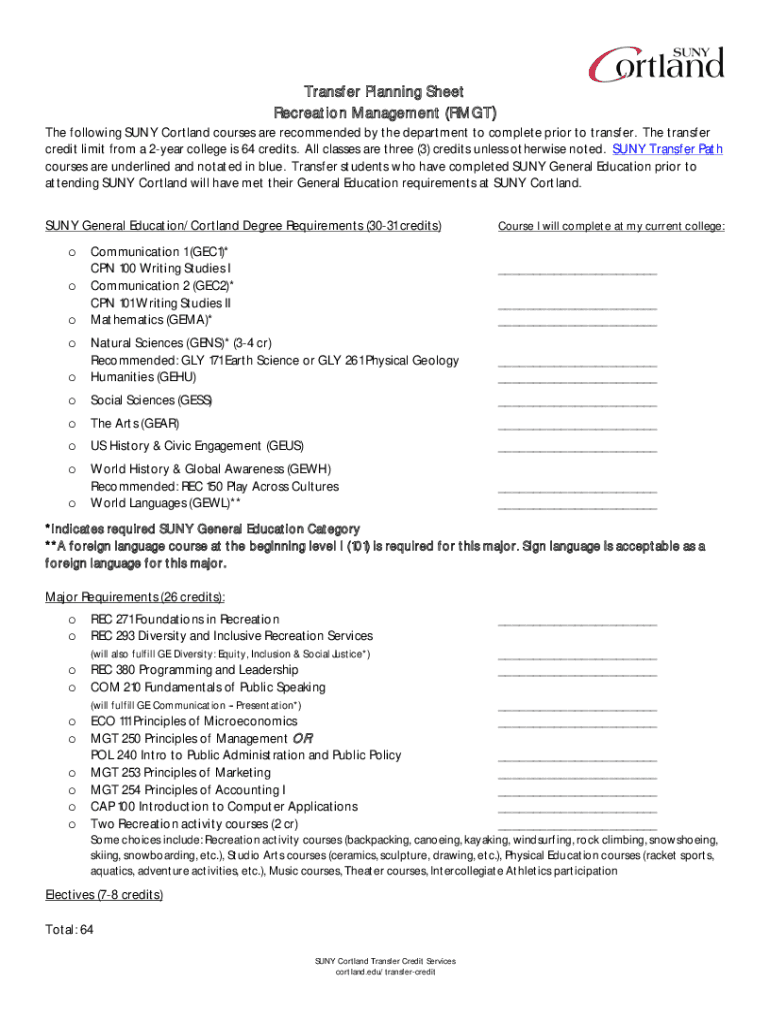 Fillable Online www2 cortland Transfer Planning Sheet Recreation Management (RMGT) Fax Email ...