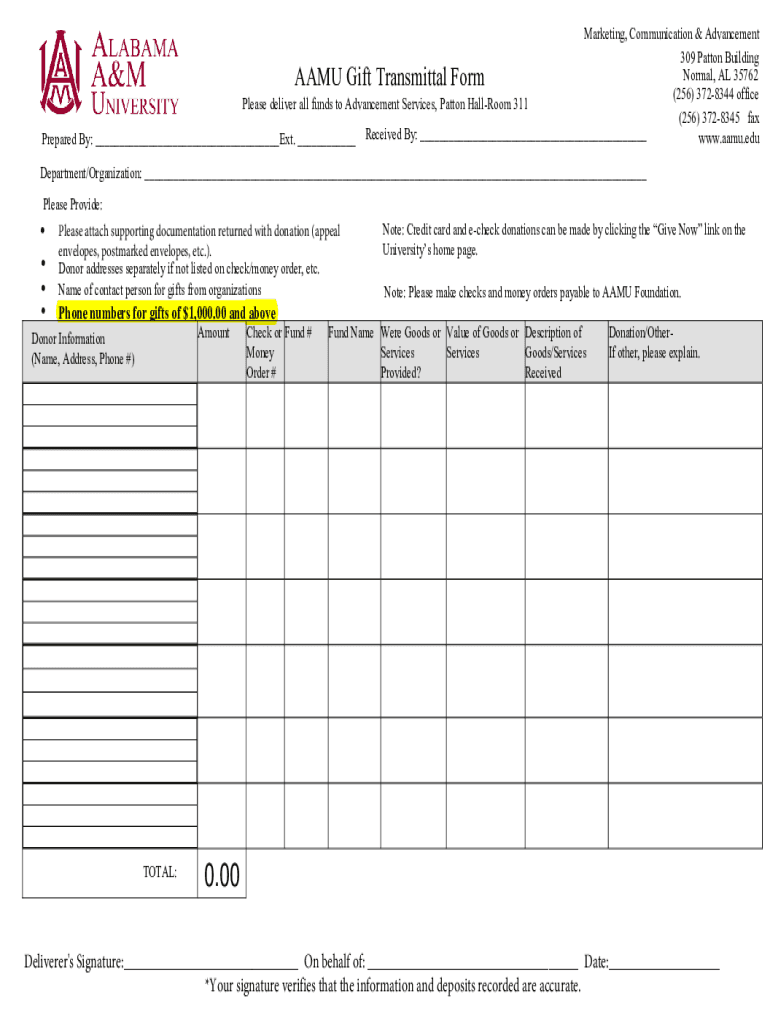 Fillable Online AAMU Gift Transmittal Form Fax Email Print - pdfFiller