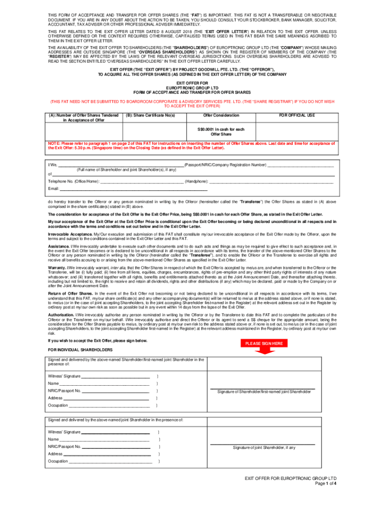 Fillable Online form of acceptance and transfer for offer shares Fax ...
