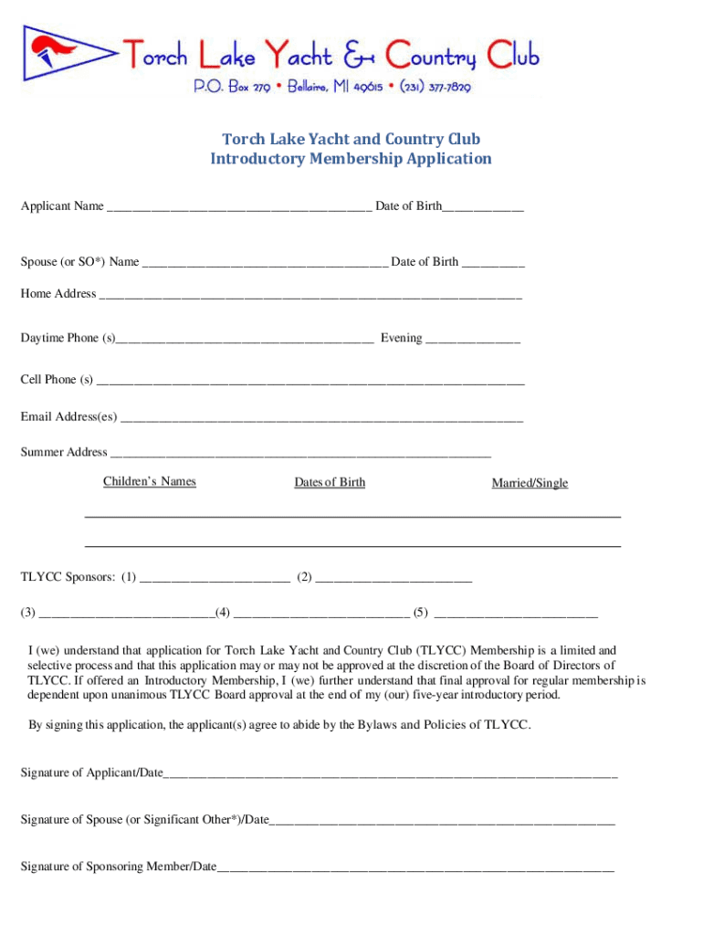 Fillable Online Torch Lake Yacht and Country ClubBellaire MI Fax Email Print - pdfFiller