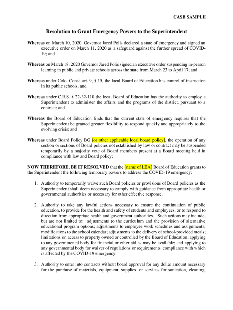 Fillable Online Resolution to Grant Emergency Powers to the ...