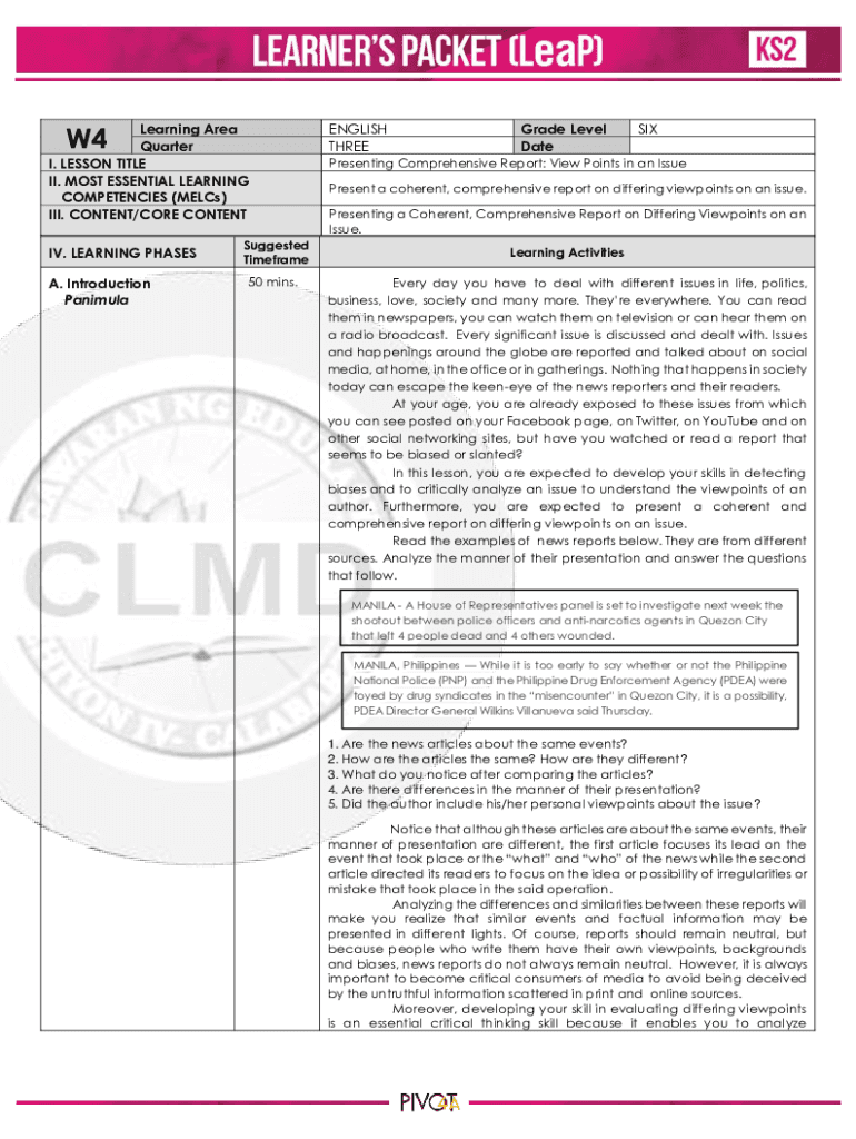 Fillable Online W4 Learning Area ENGLISH Grade Level SIX Quarter THREE ...