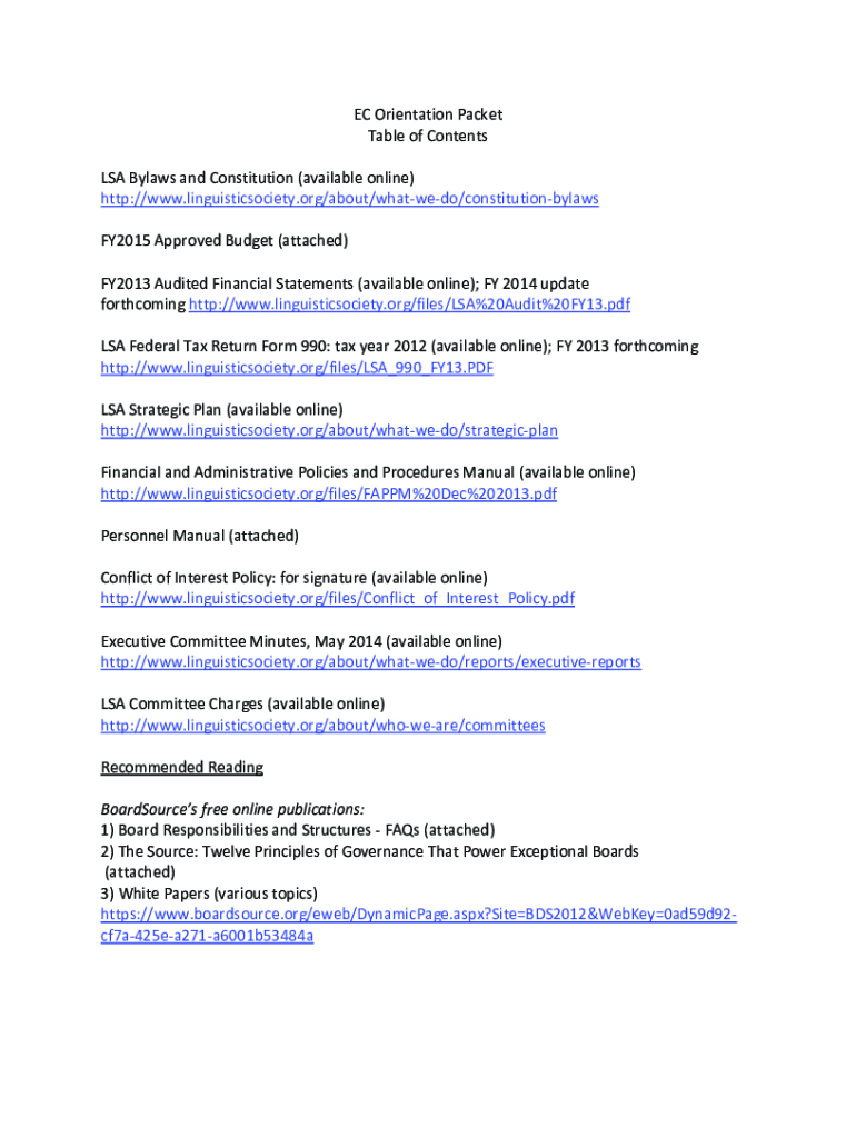 Fillable Online EC Orientation Packet Table of Contents LSA Bylaws and ...