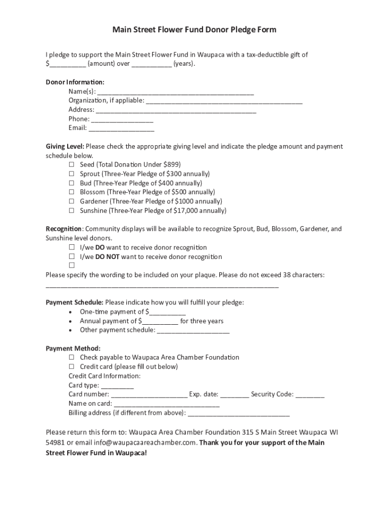 Fillable Online Main Street Flower Fund Donor Pledge Form Fax Email ...