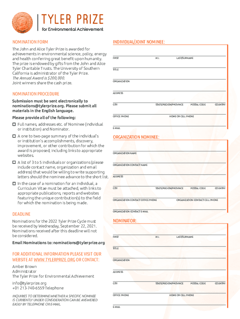 Fillable Online Nomination Form e John and Alice Tyler Prize is awarded ...