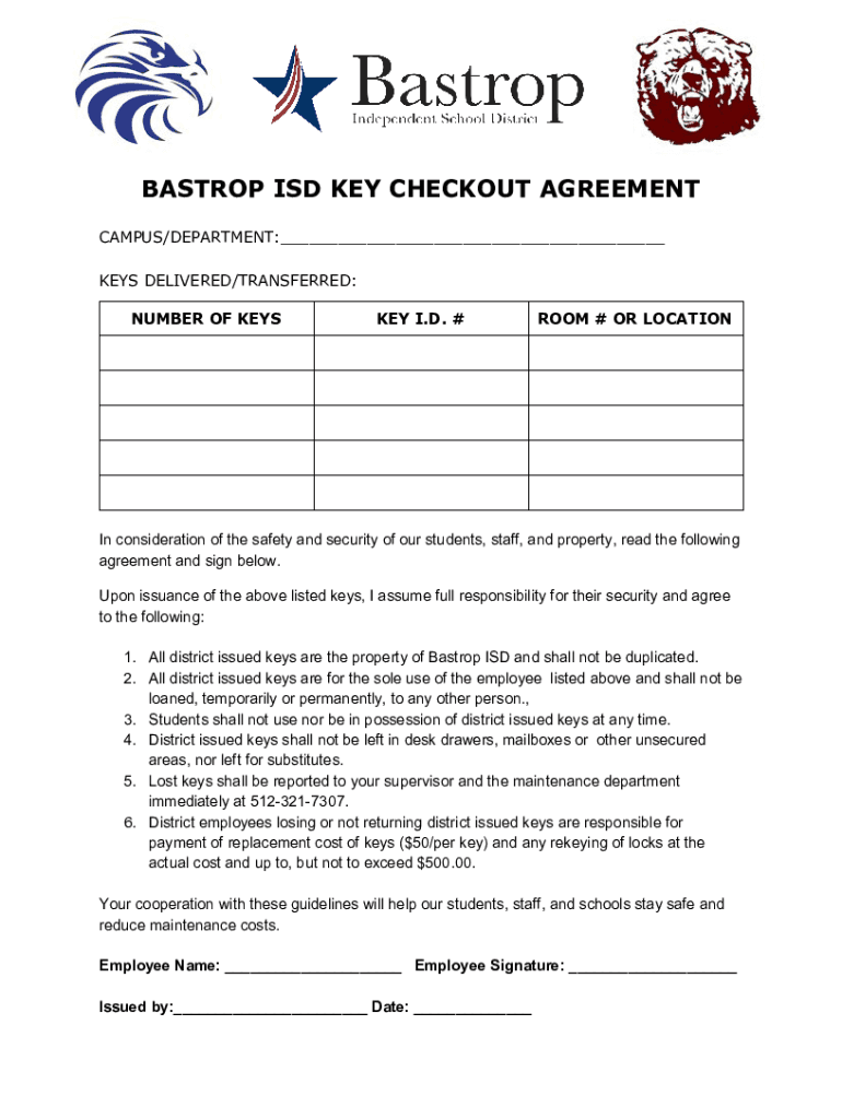 Fillable Online BASTROP ISD KEY CHECKOUT AGREEMENT Fax Email Print ...