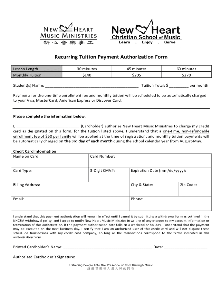Fillable Online Recurring Tuition Payment Authorization Form - NET Fax Email Print - pdfFiller