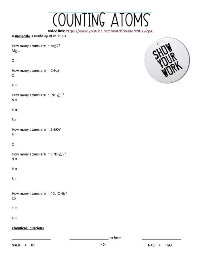Fillable Online Counting Atoms & Balancing Equations Worksheet Fax ...
