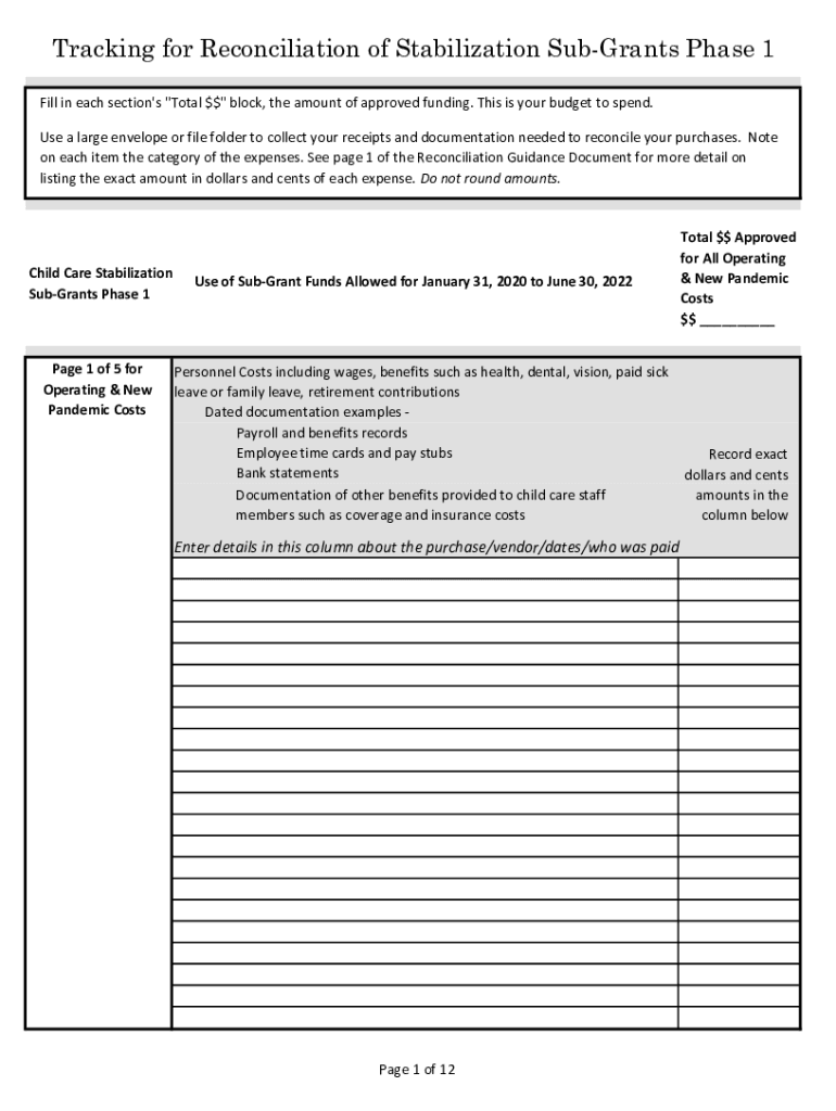 Fillable Online Tracking for Reconciliation of Stabilization Sub-Grants ...