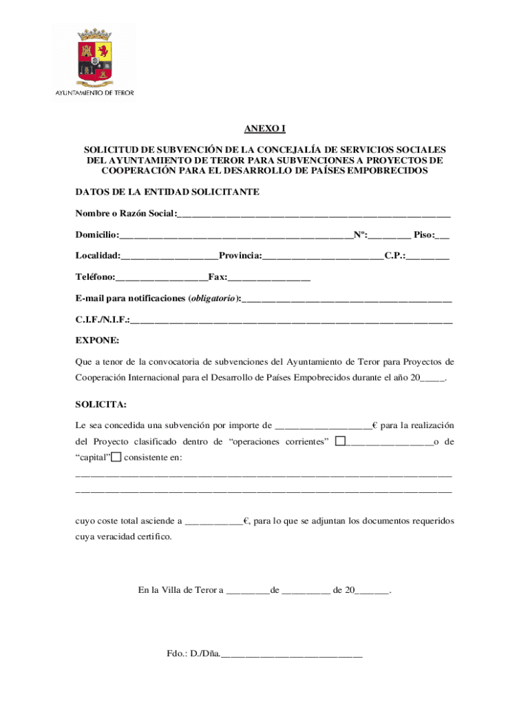 Completable En línea solicitud de subvencin de la concejala de servicios sociales Fax Email ...