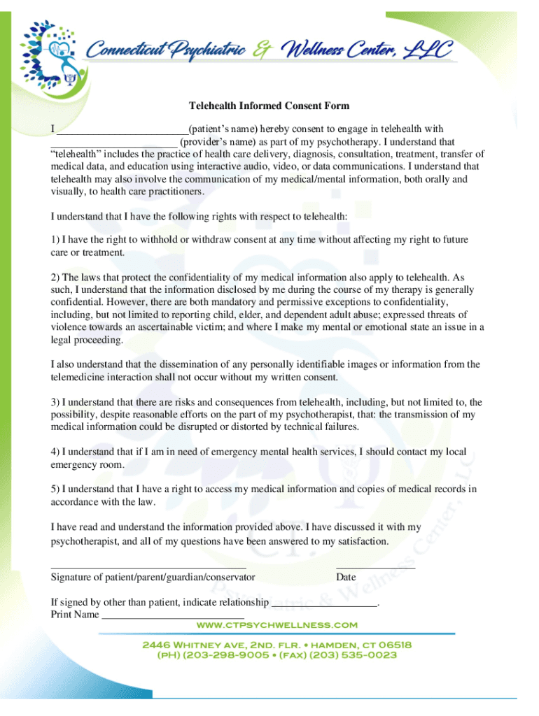 Fillable Online patient's name) hereby consent to engage in telehealth ...