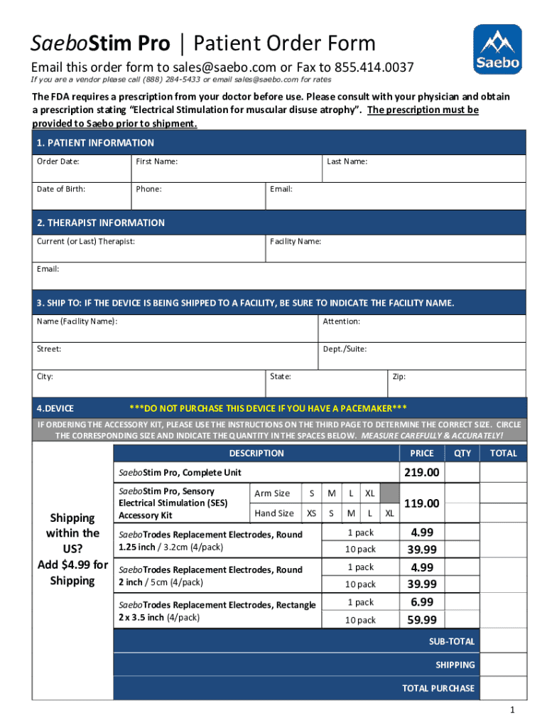 Fillable Online SaeboStim Pro Patient Order Form Fax Email Print ...