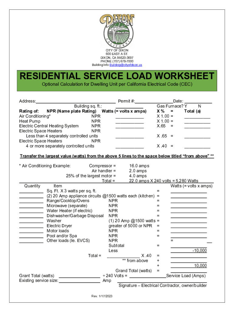 Fillable Online Residential Service Load Worksheet Fax Email Print ...