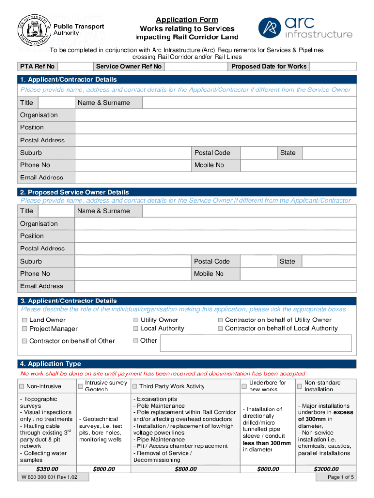 Fillable Online Application Form Minor Works Impacting Rail Corridor ...