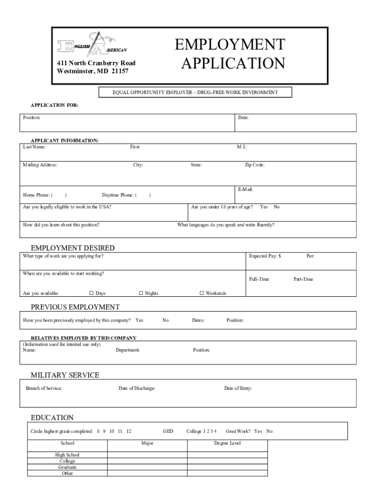 Fillable Online Employment Application - Westminster Fax Email Print - pdfFiller