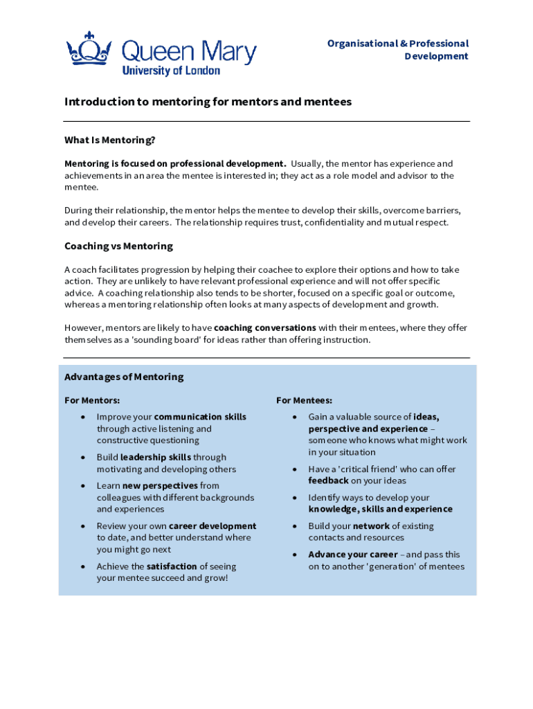 Fillable Online Introduction to mentoring for mentors and mentees Fax ...