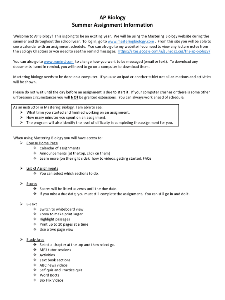 Fillable Online Ocean City High School AP Biology Summer Assignment ...