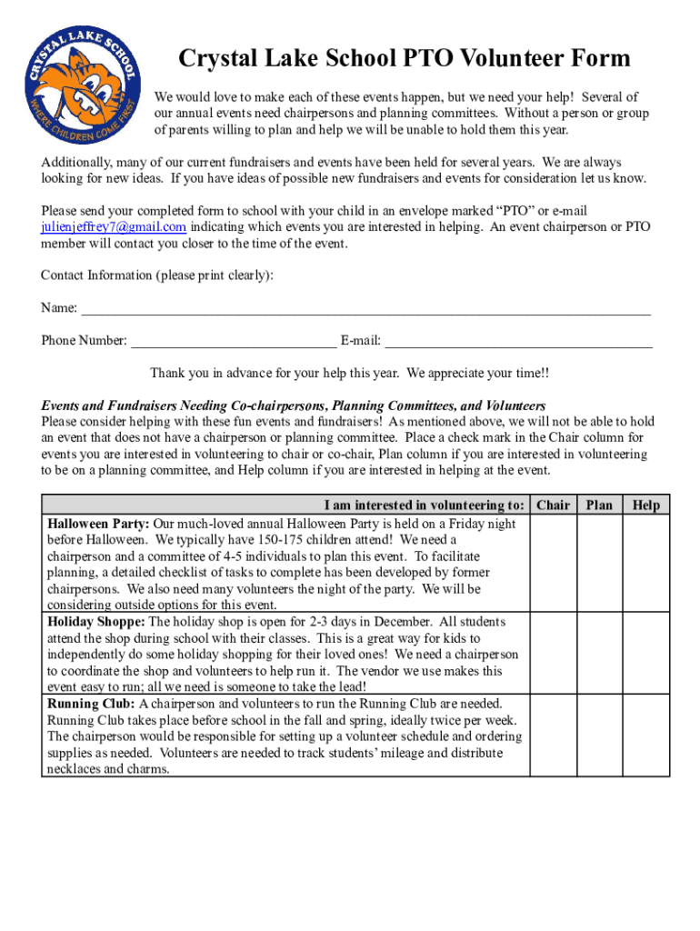 Fillable Online Crystal Lake School PTO Volunteer Form Fax Email Print ...