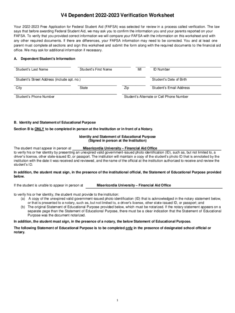 Fillable Online 2022-23 V-4 Dependent Verification Worksheet Fax Email ...