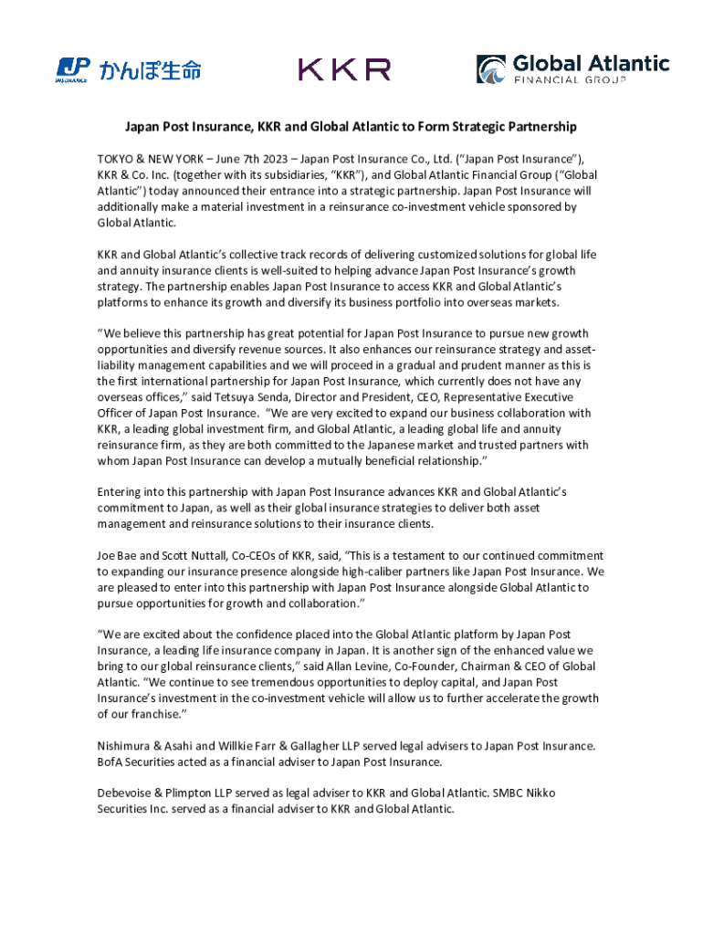 Fillable Online Japan Post Insurance, KKR and Global Atlantic to Form ...