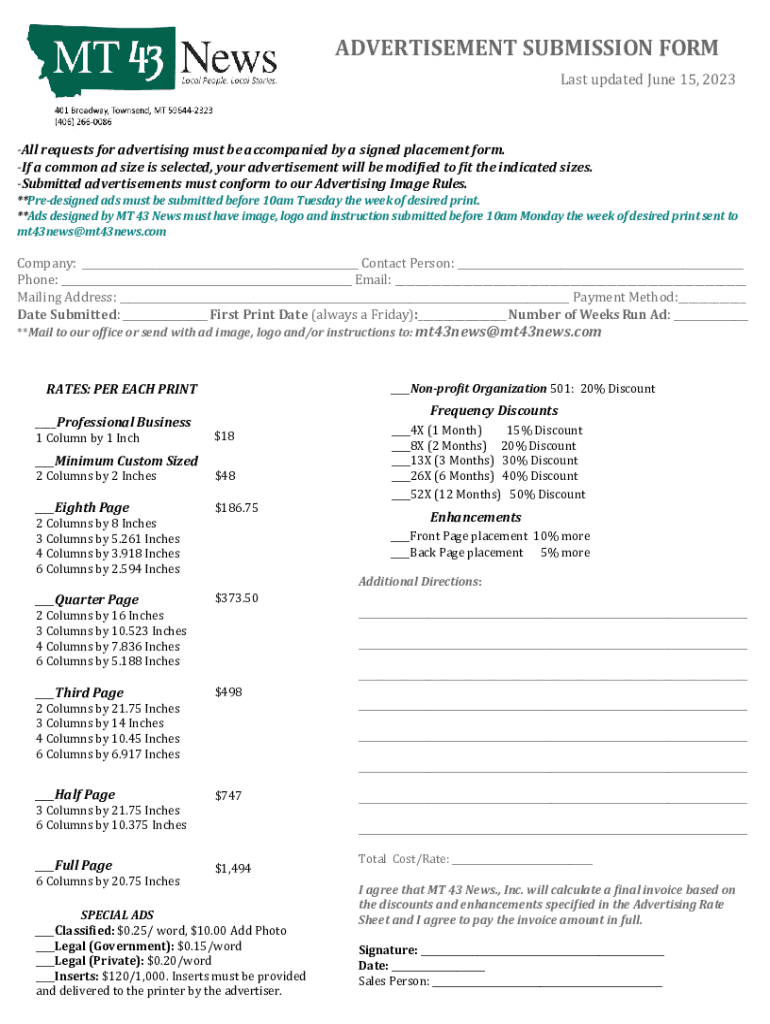 Fillable Online ADVERTISEMENT SUBMISSION FORM Fax Email Print - pdfFiller