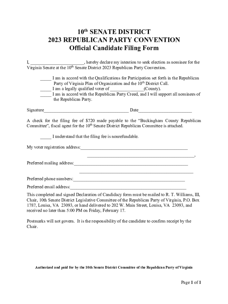 Fillable Online 10th SENATE DISTRICT REPUBLICAN PARTY OFFICIAL ... Fax ...