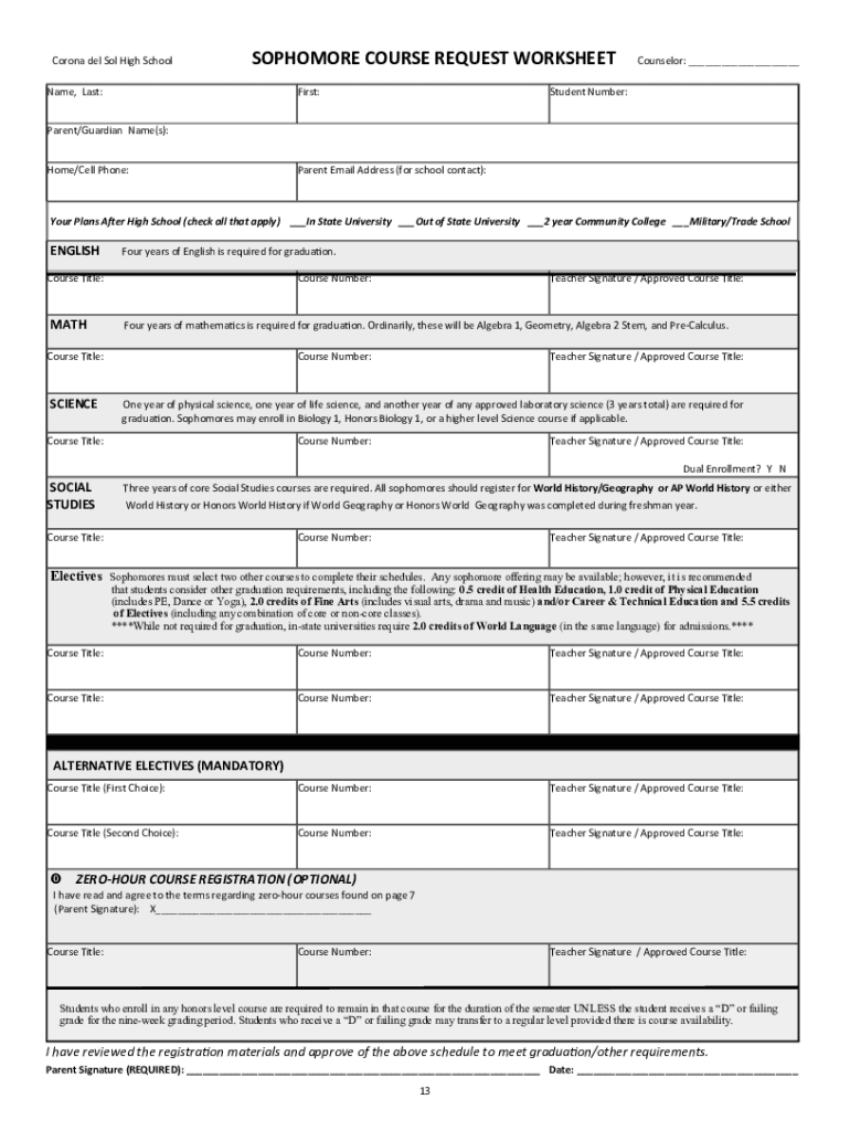 Fillable Online SOPHOMORE COURSE REQUEST WORKSHEET ... Fax Email Print ...